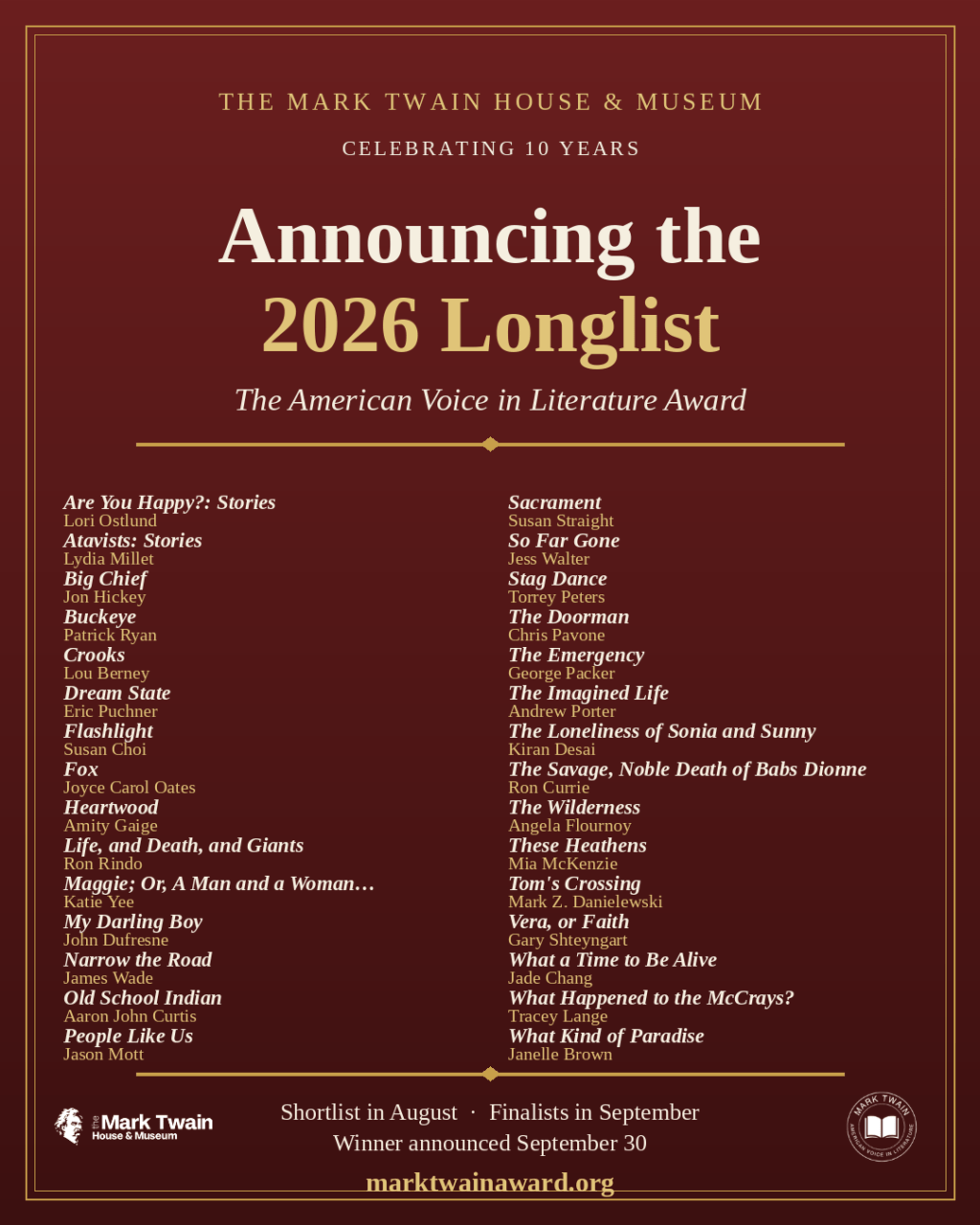 The Mark Twain House & Museum Announces 2026 Longlist for American ...